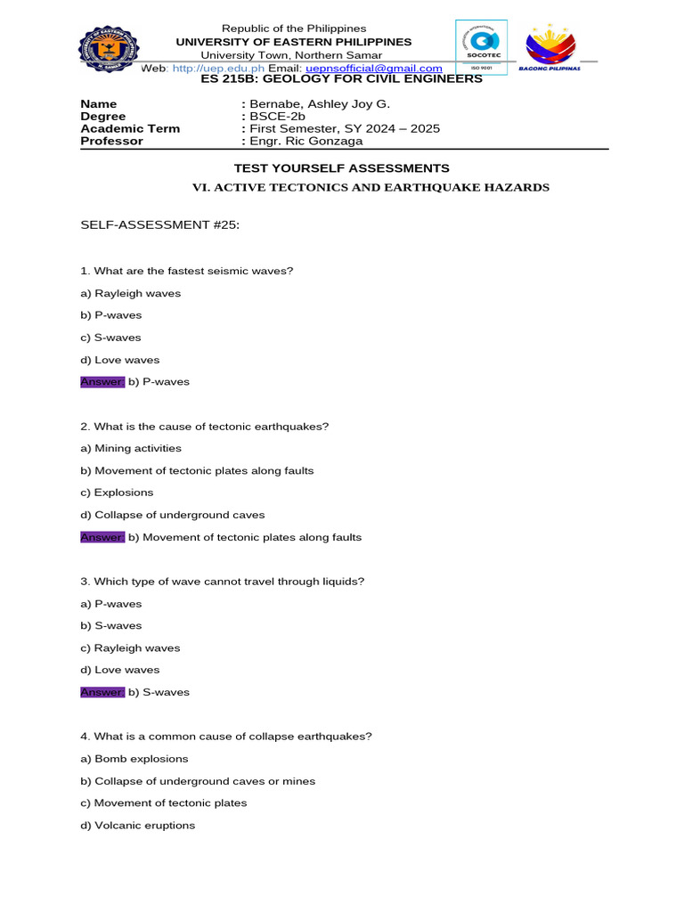 Self-Assessment (25-29) - G6 - Active Tectonics and Earthquake Hazards ...