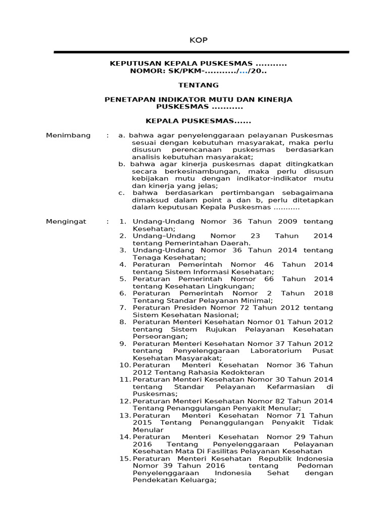 SK Indikator Mutu & Kinerja PKM (Ukp - Ukm.adm) | PDF