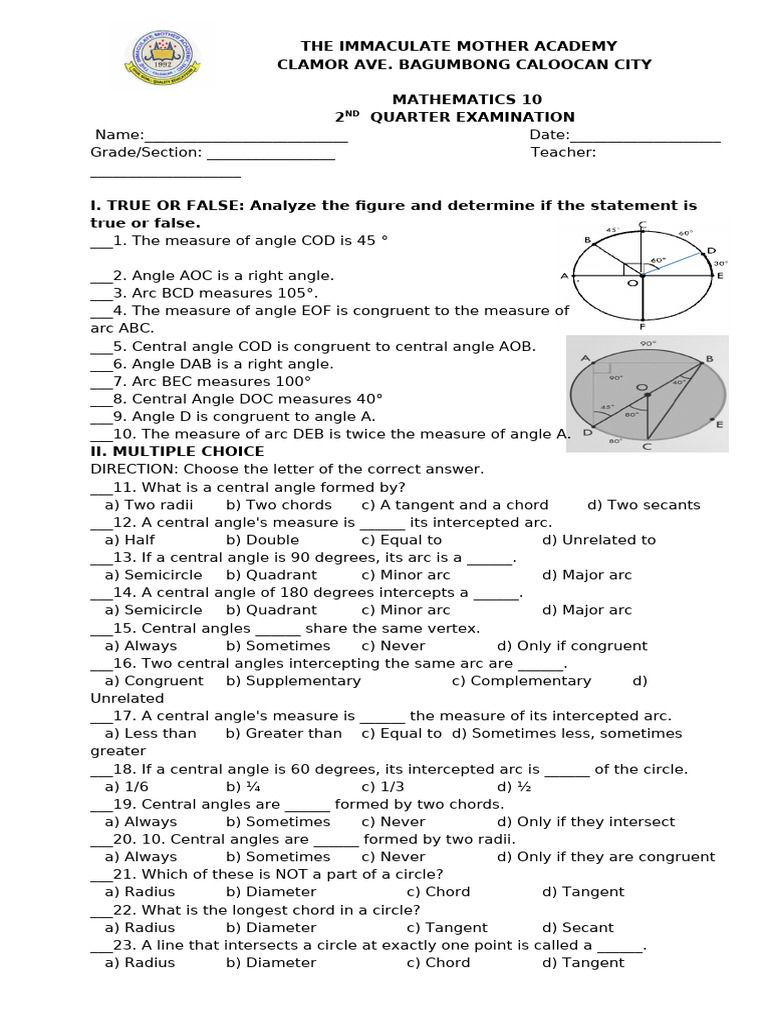 Math Exam for Grade 10 Students | PDF | Circle | Angle