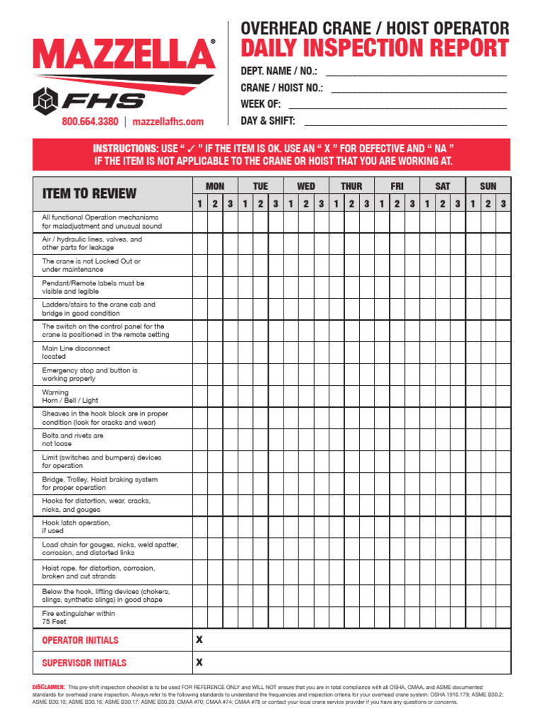 Pre-Shift Operator Checklist - Mazzella Crane Service | PDF | Crane ...