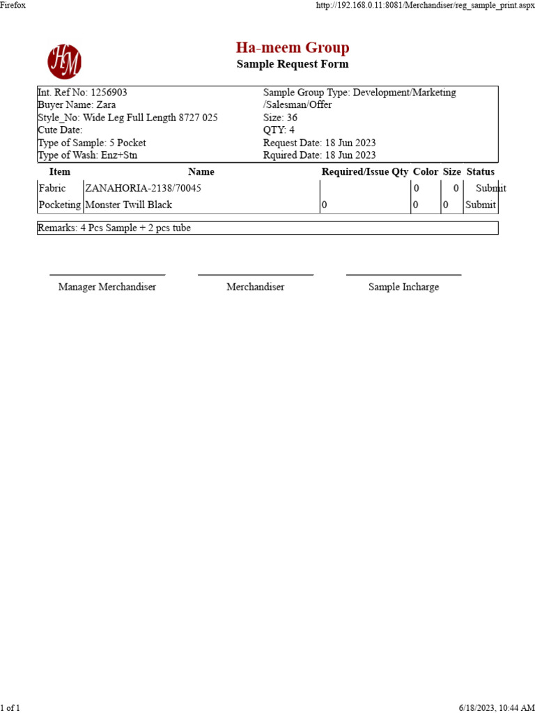 Sample Request Form for Wide Leg Pants | PDF