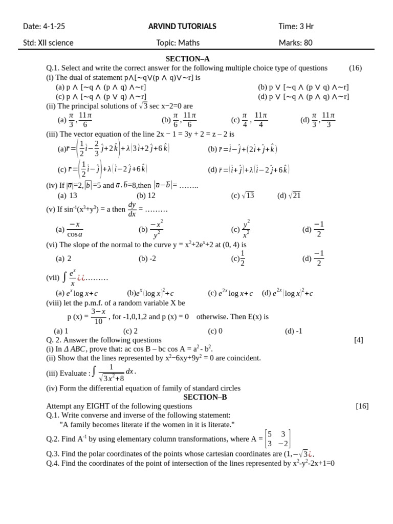 2025 Maths Exam Paper for 12th Science | PDF | Coordinate System ...