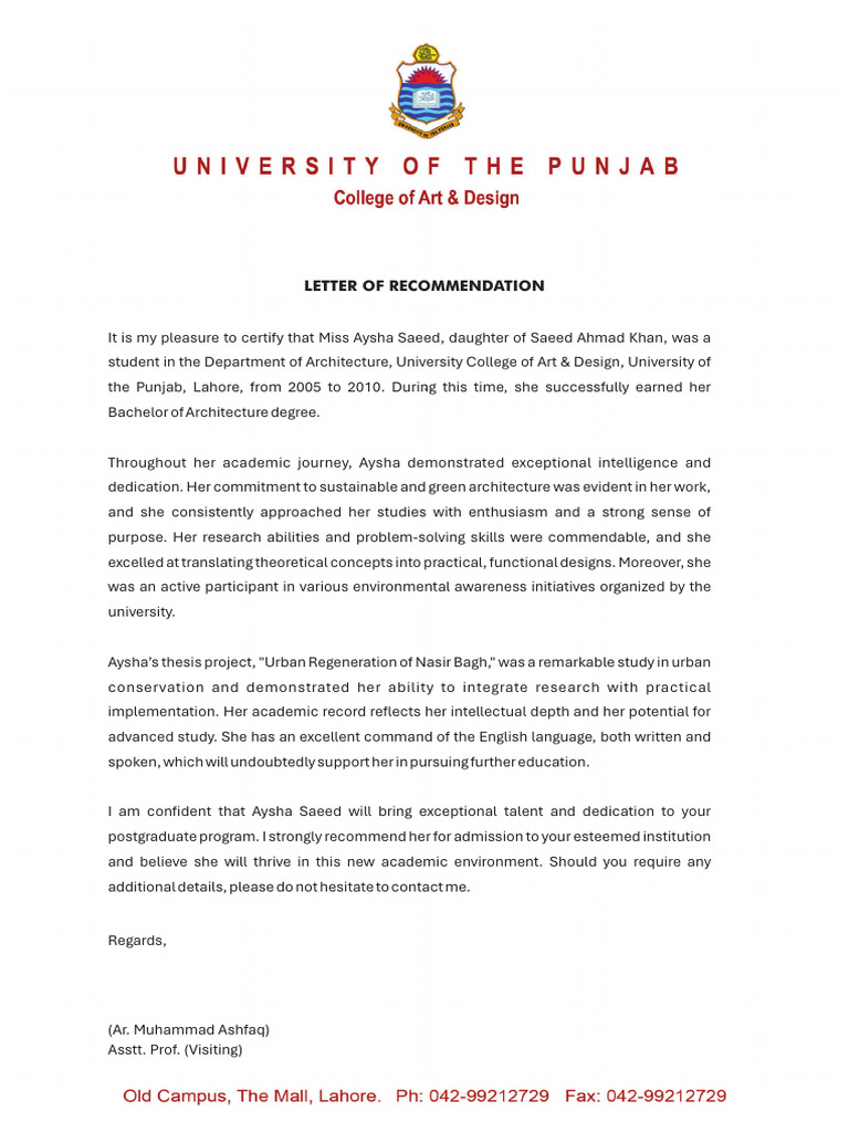 Recommendation for Miss Aysha Saeed | PDF