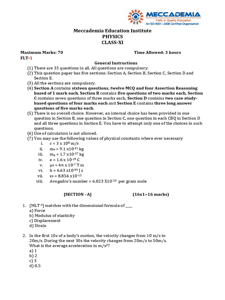 Class XI Physics Exam Paper FLT-1 | PDF | Deformation (Engineering ...