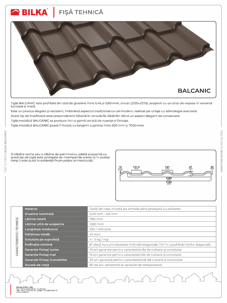 Fisa Tehnica Tigla Metalica Bilka Balcanic | PDF
