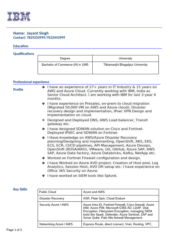IBM Format - Jayant Singh - AWS - AZURE - Resume | PDF | Computer Network | Security