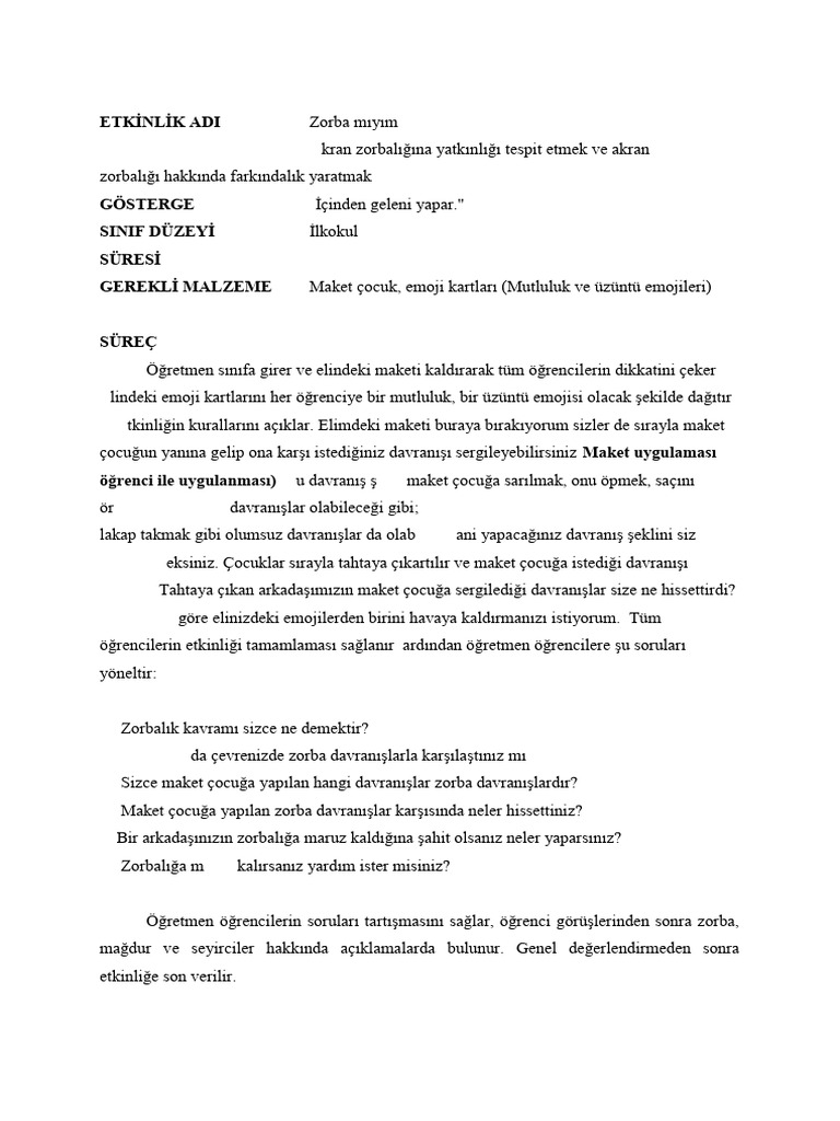 Akran Zorbalığı Etkinlik4 Sınıf Rehber Öğretmeni Ilkokul | PDF