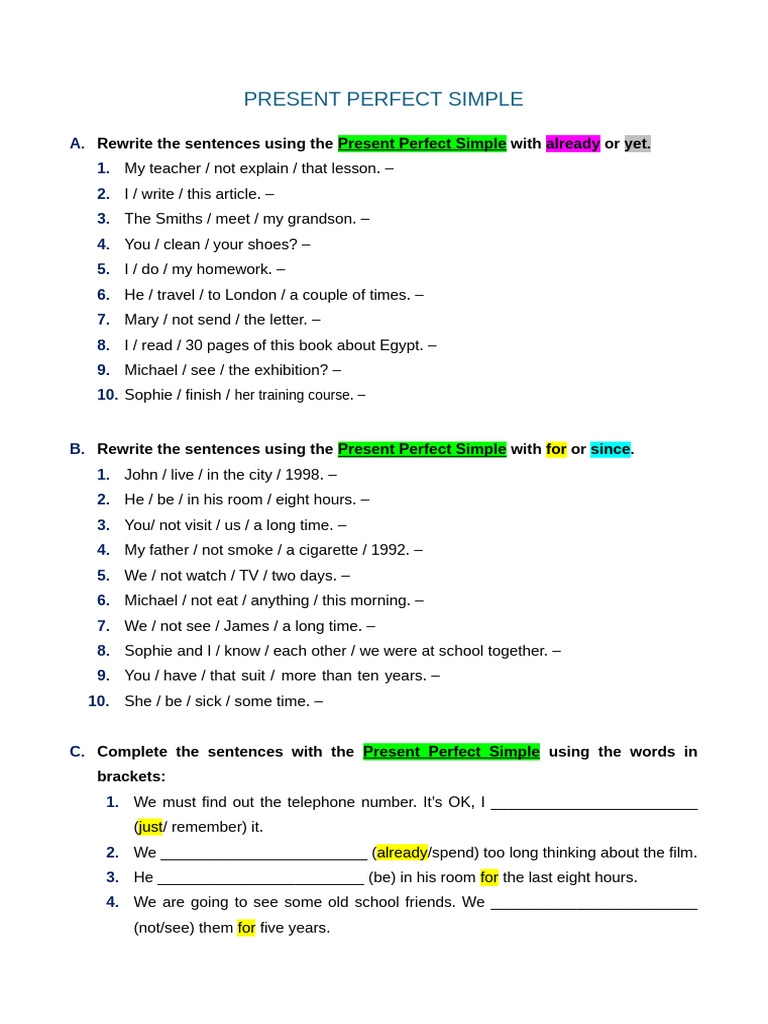 Present Perfect Simple Exercises | PDF