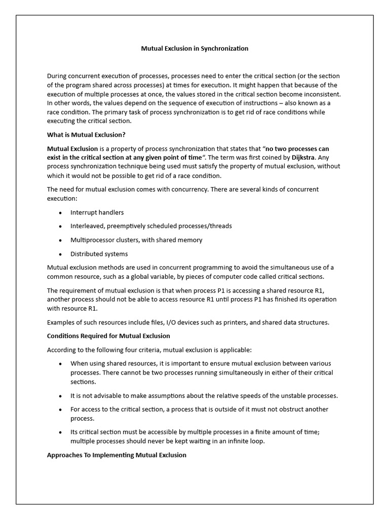 M2-Mutual Exclusion in Synchronization | PDF | Process (Computing) | Computer Architecture