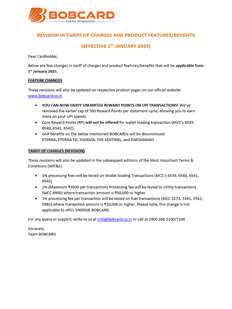 Bobcard Tarrif Feature Changes Wef 1st Jan25 | PDF