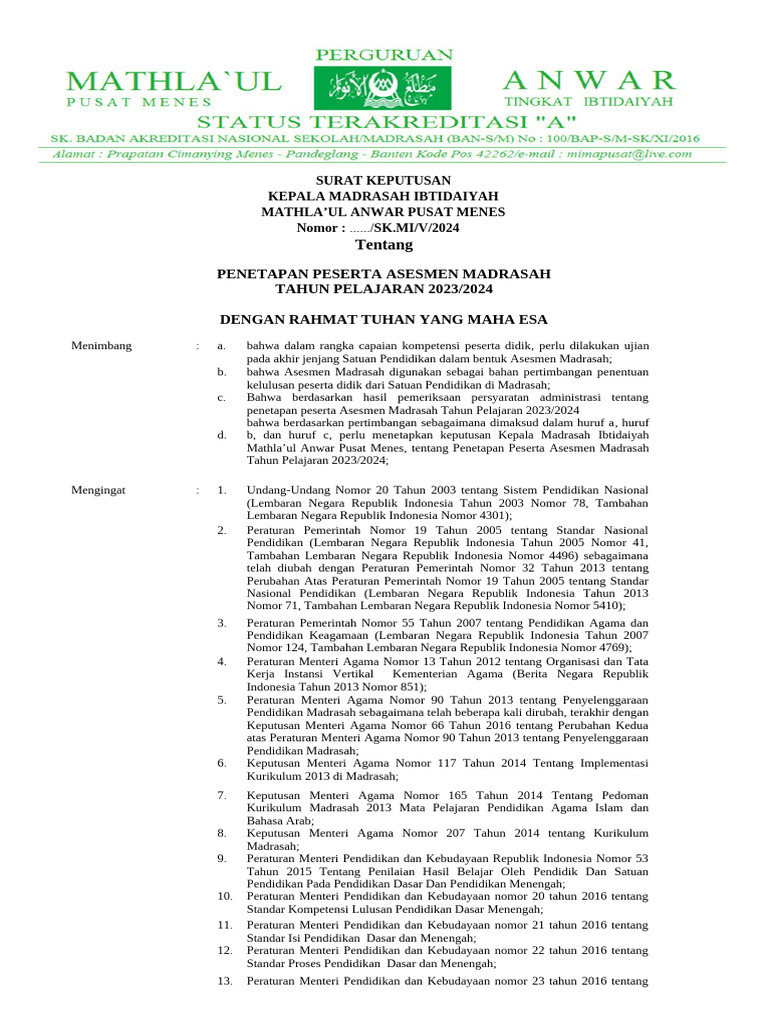 SK Peserta Asesmen Madrasah Madrasah Tahun 2024 | PDF