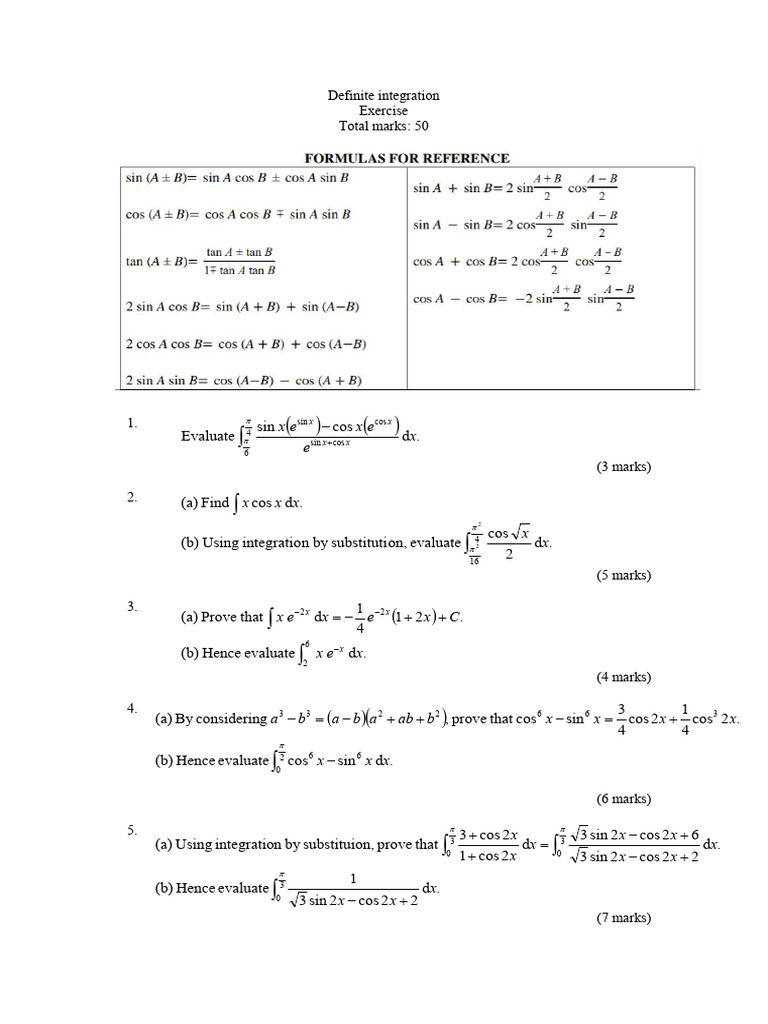 Definite Integration Ex | PDF | Trigonometric Functions | Mathematical ...