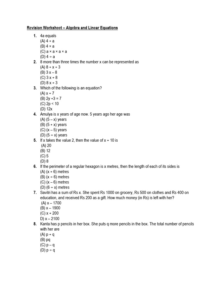 Algebra and Linear Equations Revision Worksheet | PDF | Equations | Algebra
