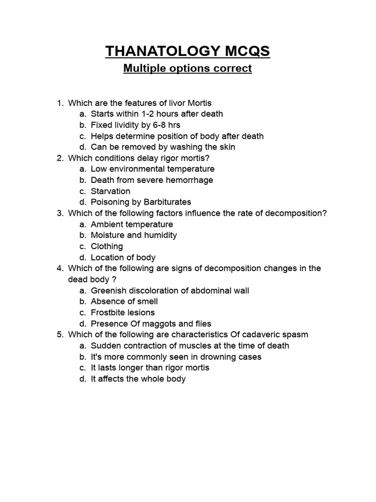 THANATOLOGY MCQS (Multiple Options Correct) | PDF