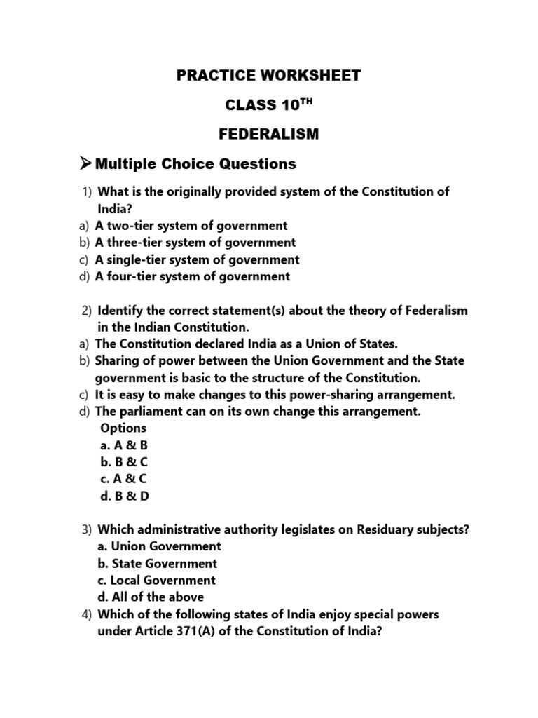 Practice Worksheet Federalism | PDF | Legal Documents | Governance
