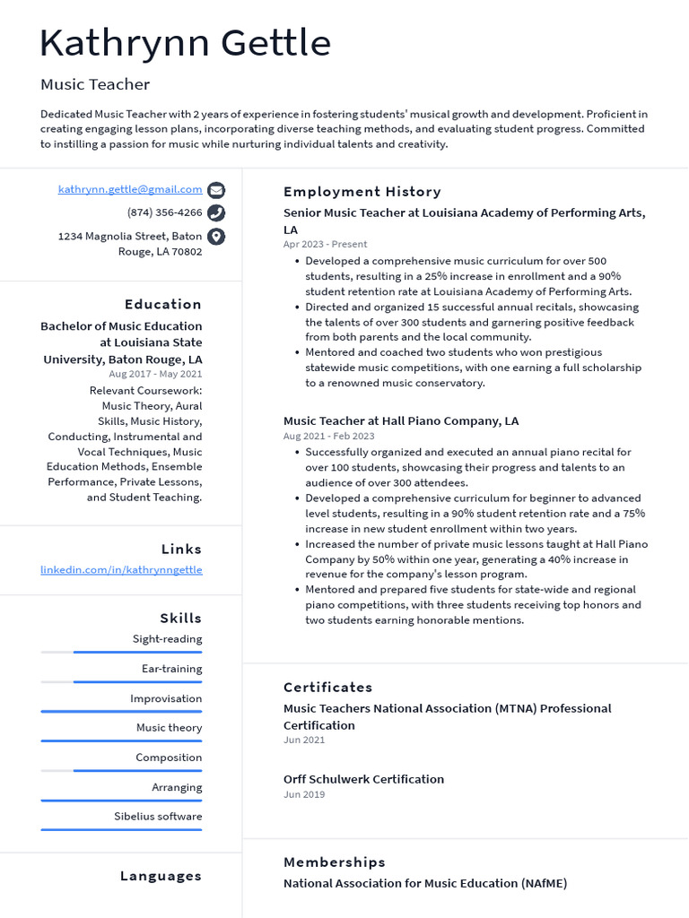 Music Teacher Resume Example | PDF | Music Education | Teachers