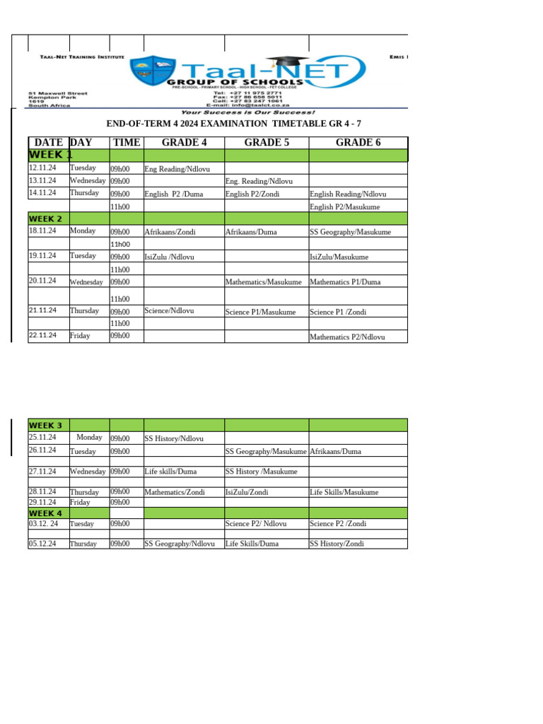 Grade 4-7 Term 4 Exam Timetable 2024 | PDF