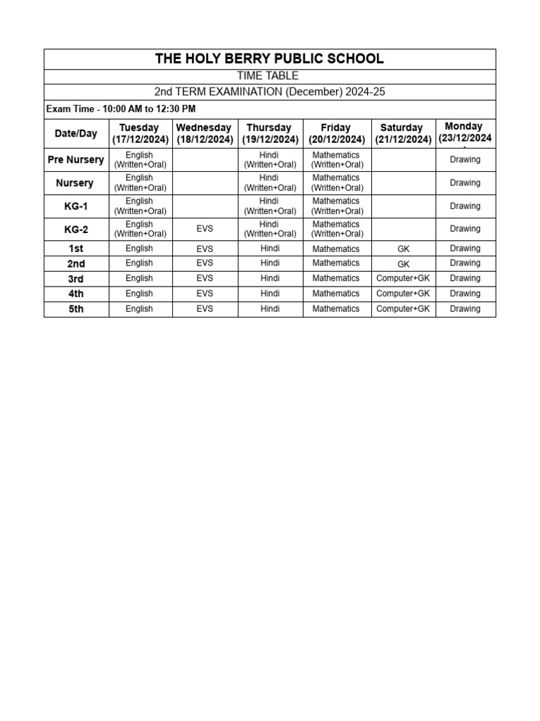 Holy Berry School December Exam Timetable | PDF