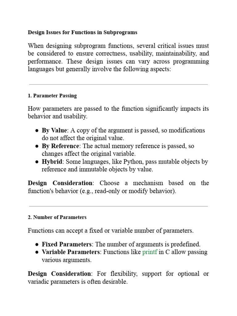 Design Issues for Functions in Subprograms | PDF | Parameter (Computer Programming) | Scope ...
