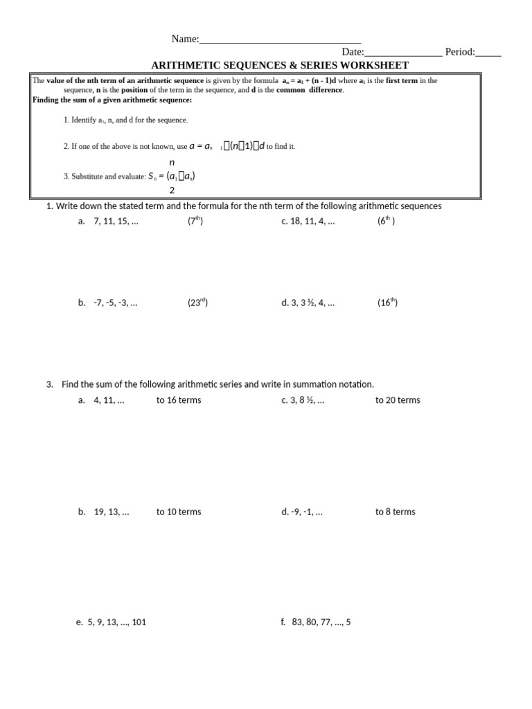 arithmetic series worksheet | PDF | Summation | Arithmetic arithmetic series worksheet | PDF | Summation | Arithmetic