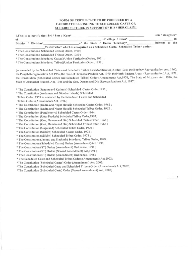 SC ST Certificate Format 2024 | PDF