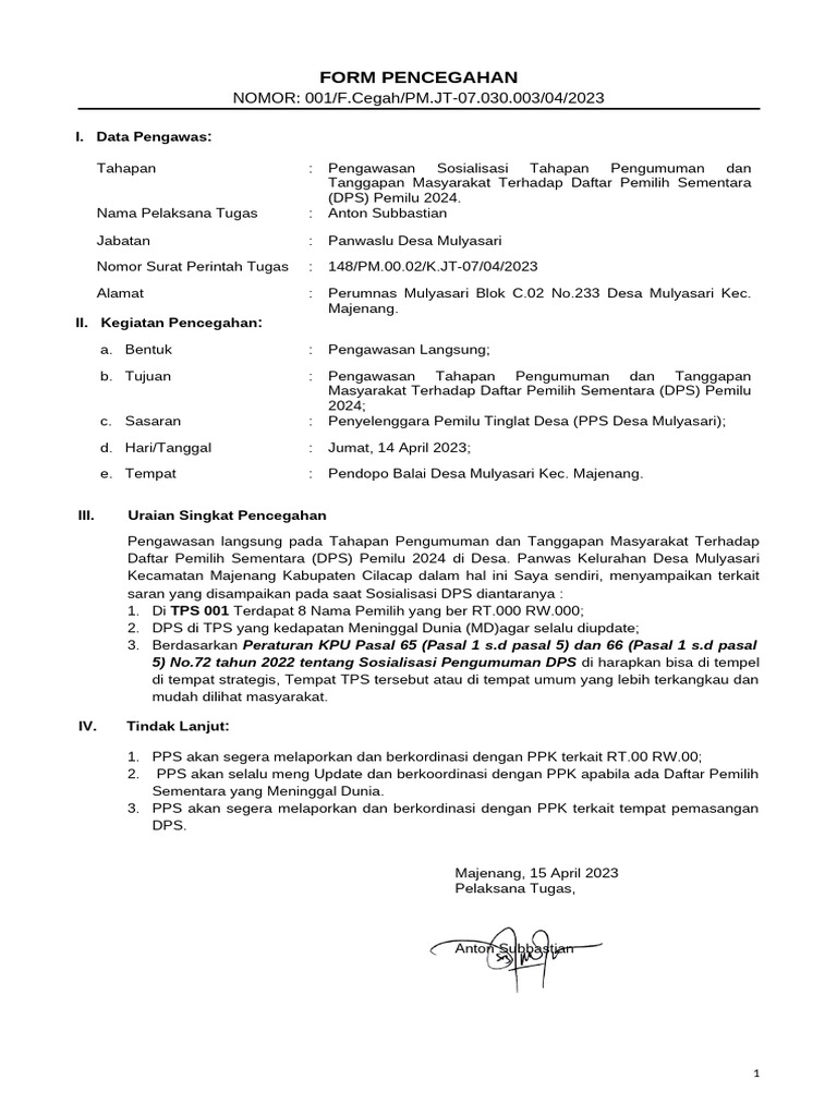 Contoh Form F CEGAH PENGAWASAN REKAPITULASI | PDF