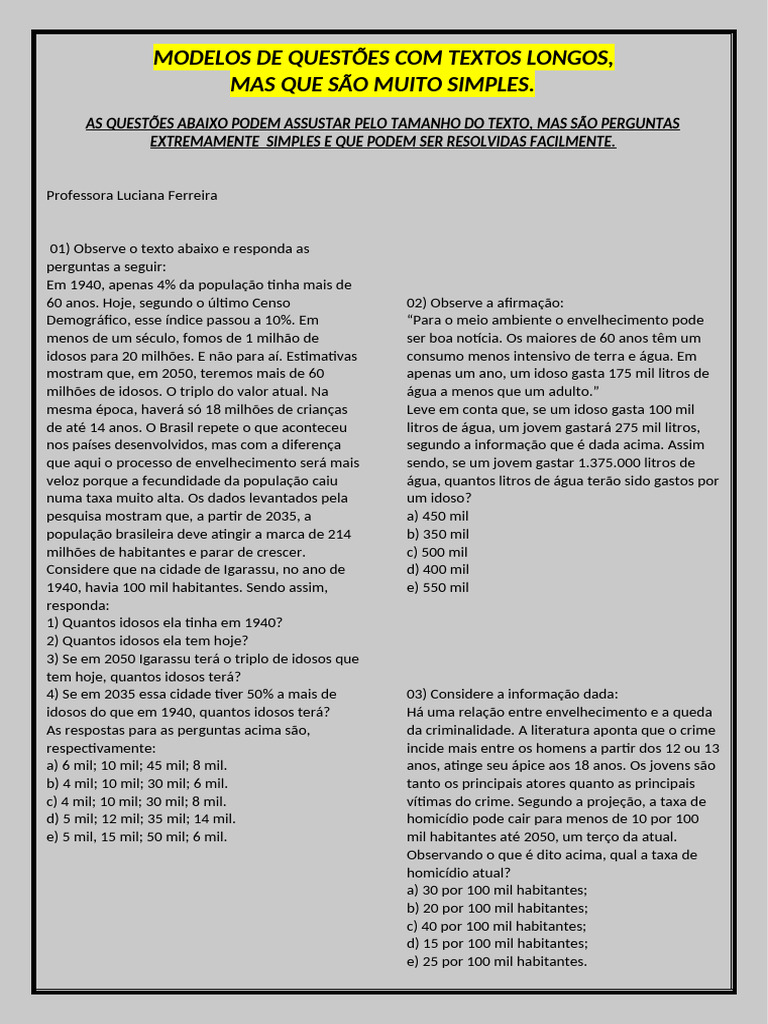 QUESTÕES COM TEXTOS LONGOS | PDF | Média | Modo (Estatística)