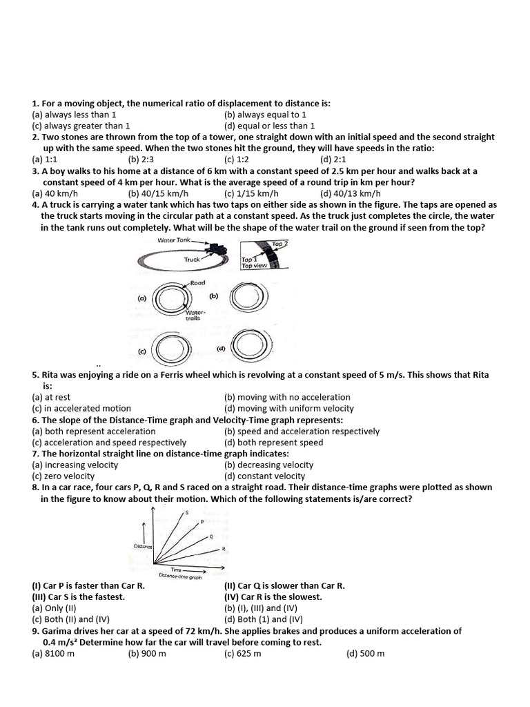 Class 9 Physics Motion MCQs and Test | PDF | Speed | Acceleration