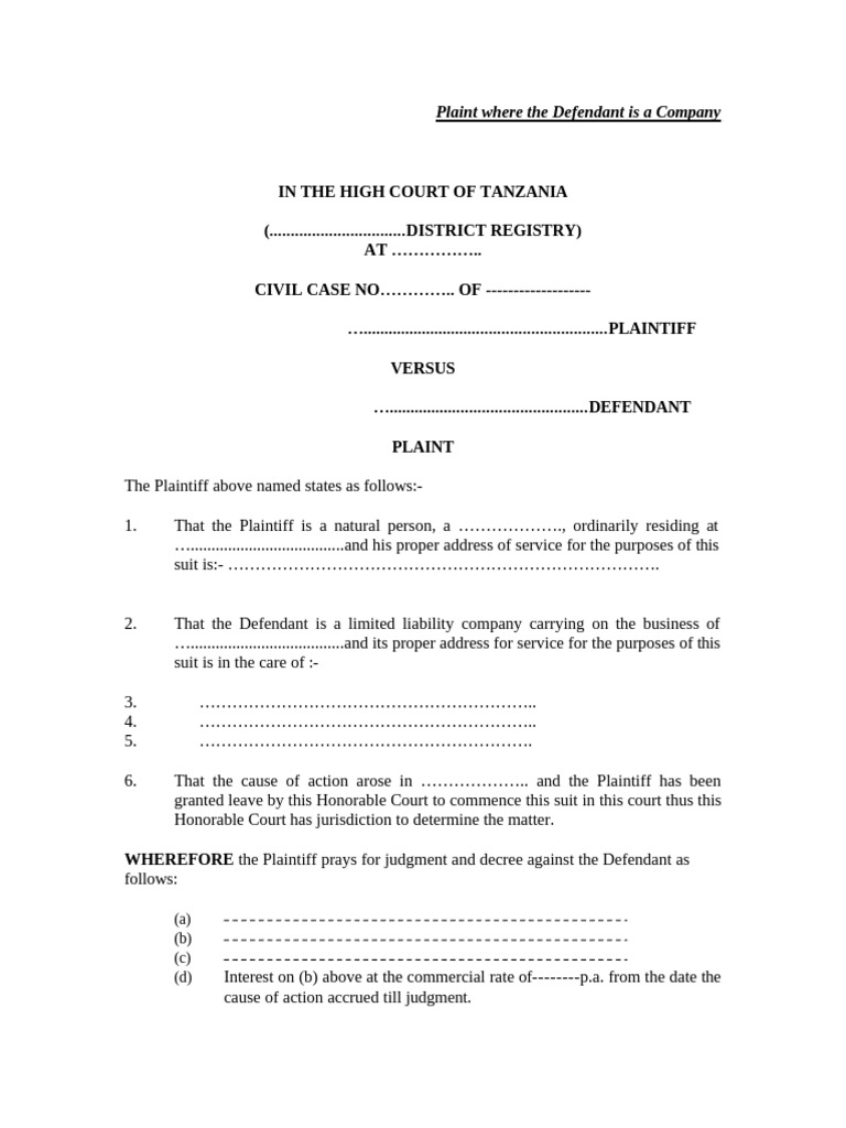 Plaint Where The Defendant Is A Company | PDF | Lawsuit | Separation Of ...