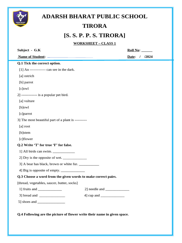 Class 1 G.K. Worksheet for Students | PDF
