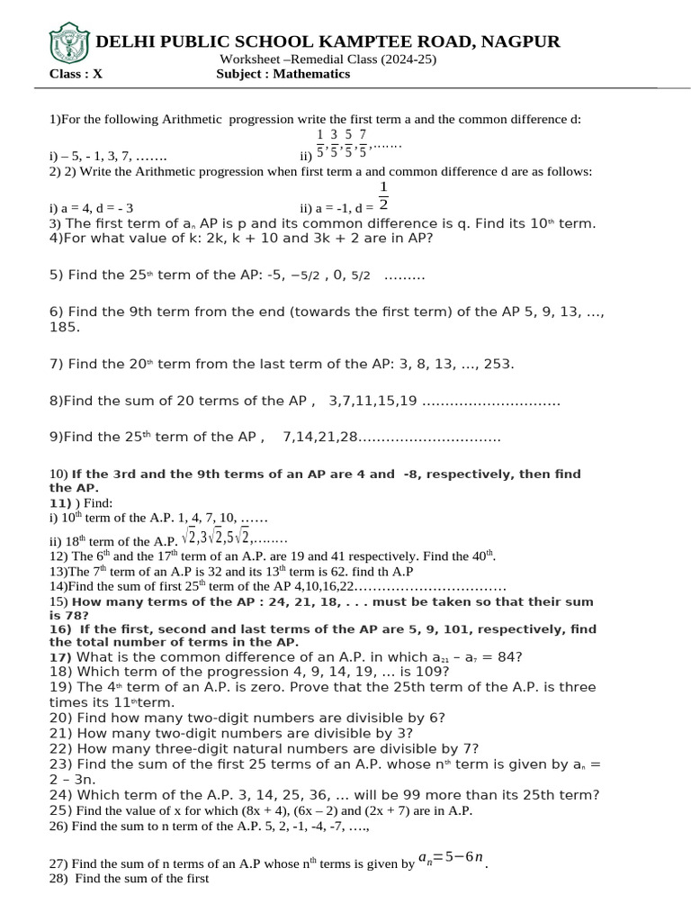 Class X Mathematics Remedial Worksheet | PDF | Quadratic Equation ...