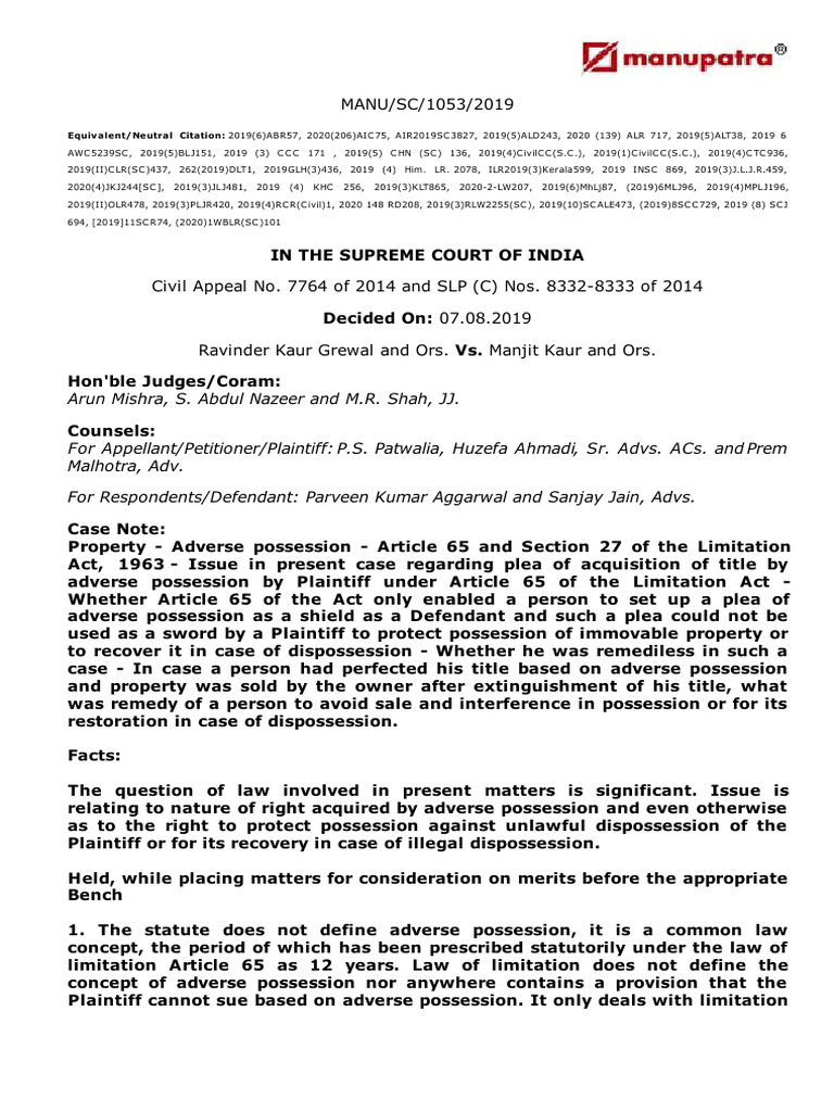 Ravinder Kaur Grewal and Ors Vs Manjit Kaur and OrSC20190908191620071COM953690 | PDF | Lawsuit ...