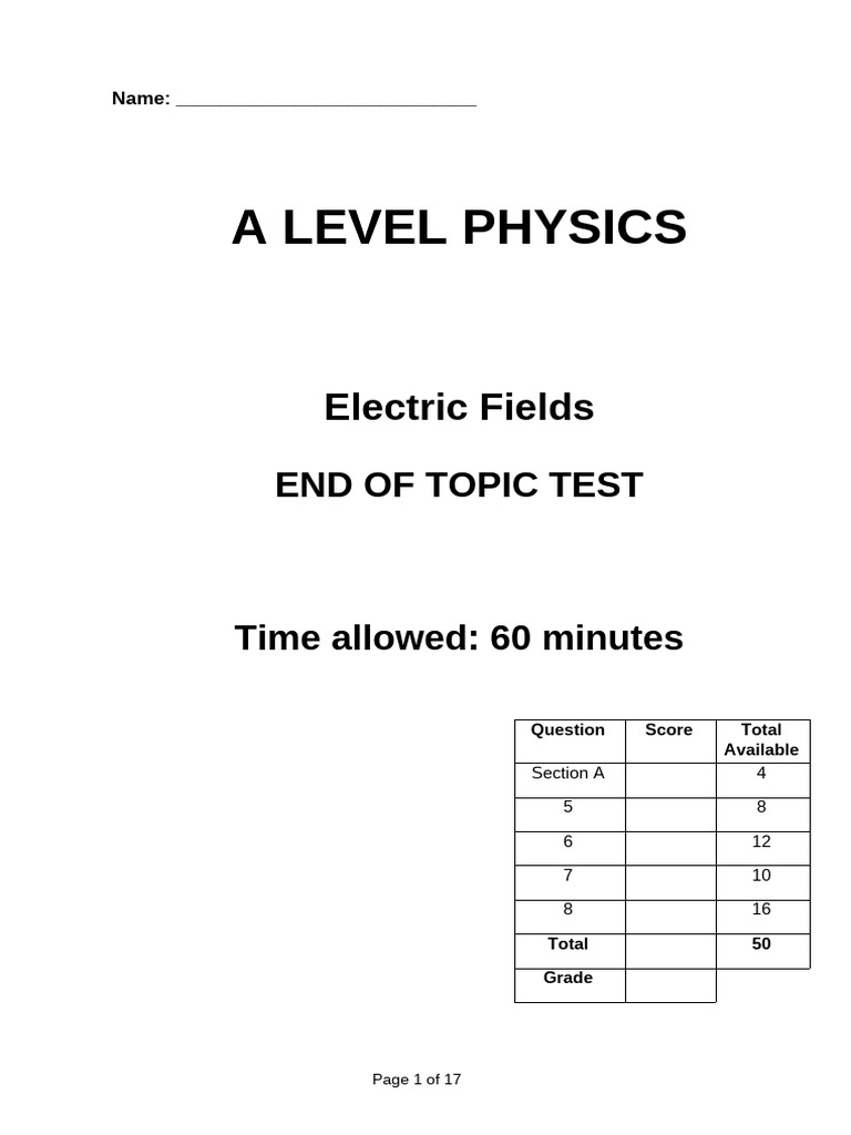 Electric Fields Test | PDF | Electric Field | Electron