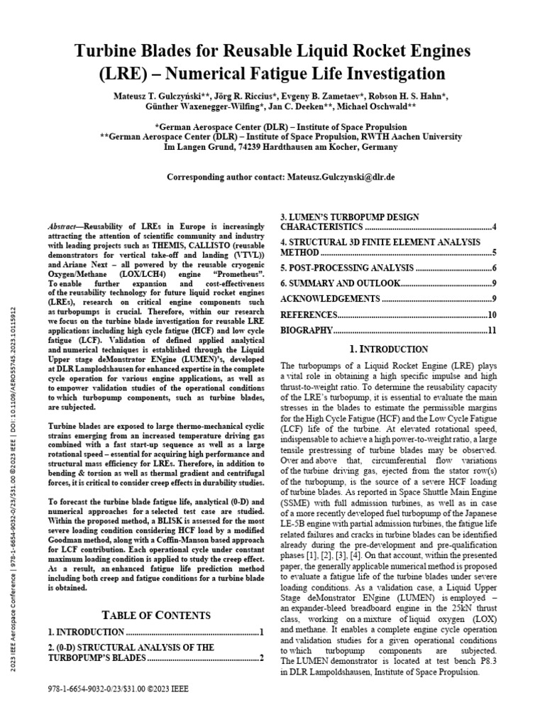 Turbine Blades For Reusable Liquid Rocket Engines LRE - Numerical ...