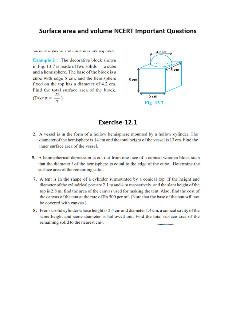 12.surface Area and Volume NCERT Important Questions | PDF