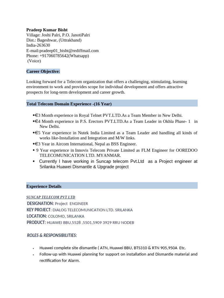 CV - Pradeep Kumar Bisht | PDF | Telecommunications | Information And ...