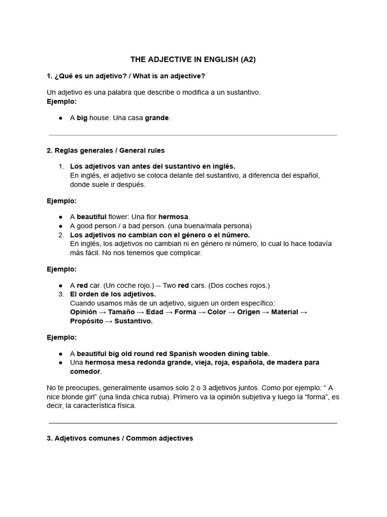 THE ADJECTIVE IN ENGLISH (A2) | PDF | Adverbio | Adjetivo