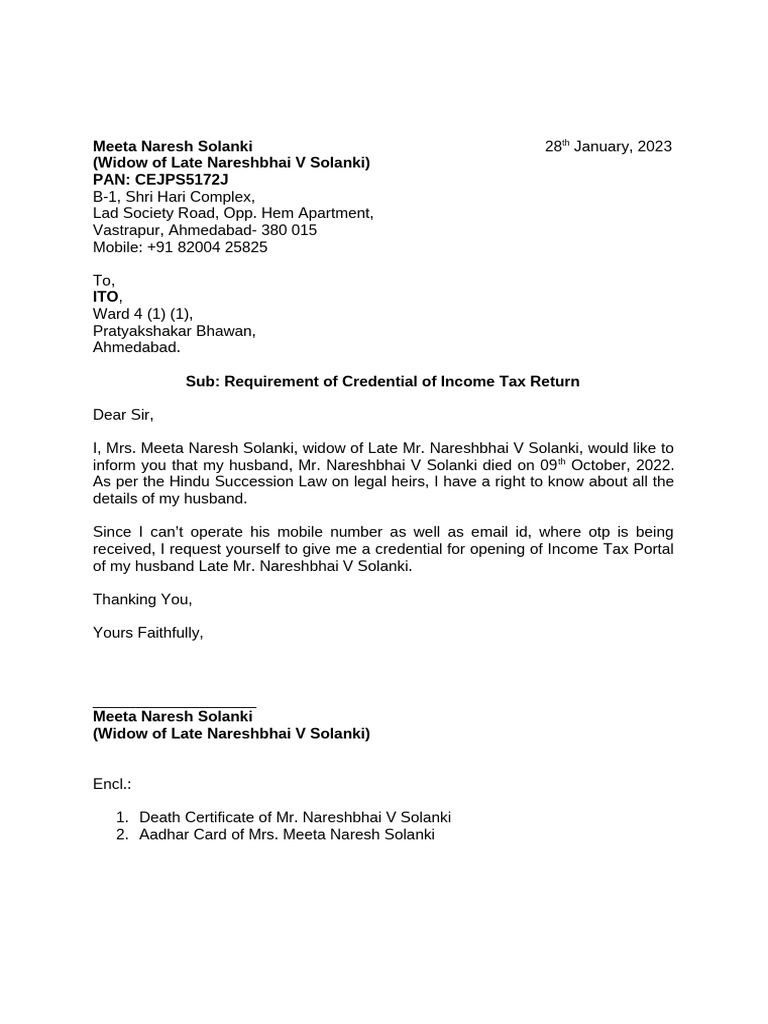 Letter for Income Tax Credentials | PDF