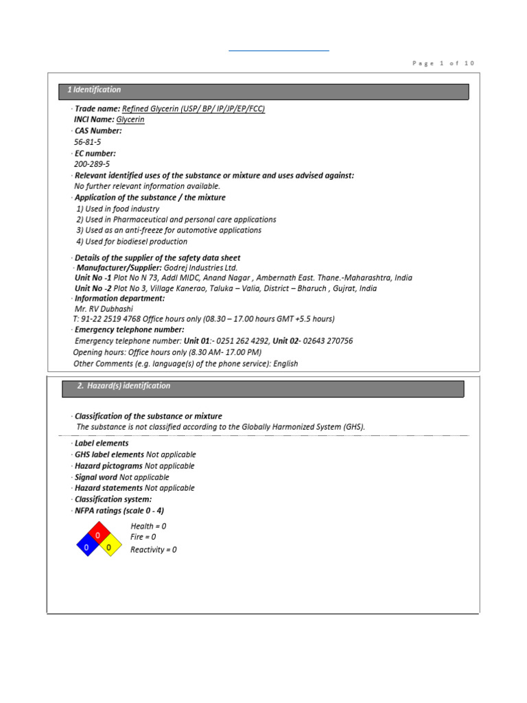 FISPQ Glycerin - 56-81-5-SDS (US-GHS) | PDF | Dangerous Goods | Toxicity