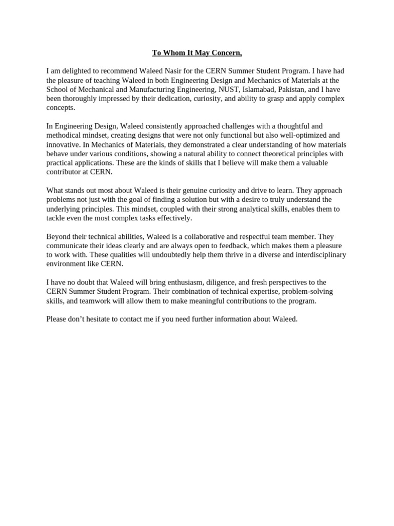 LOR Draft for CERN | PDF