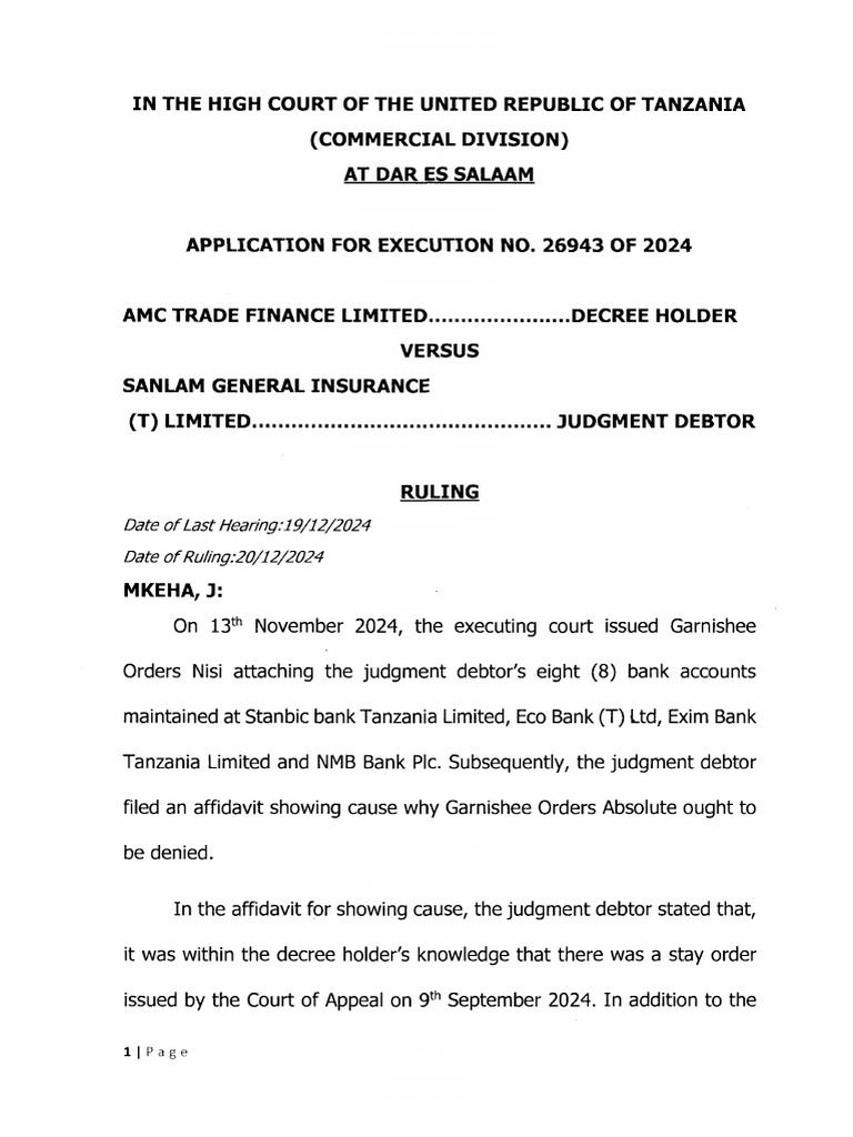 AMC Trade Finance Limited vs Sanlam General Insurance (T) Limited (Application for Execution ...