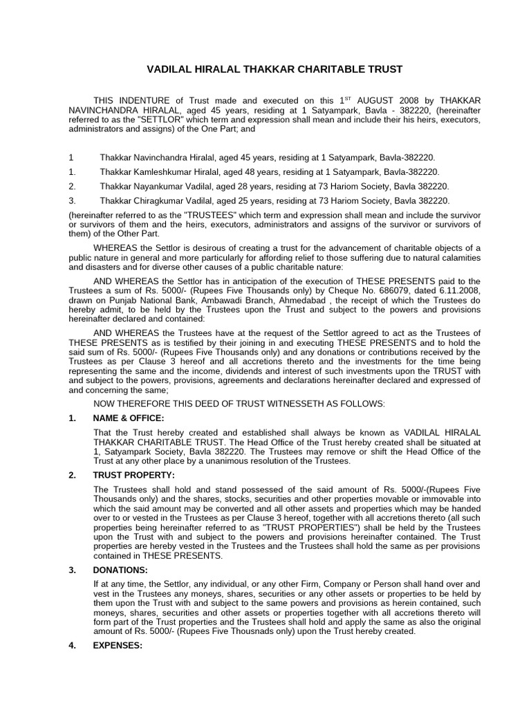 TRUST DEED DRAFT | PDF | Board Of Directors | Property