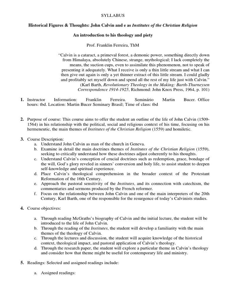 Syllabus John Calvin Course MBS PRTS May | PDF | Covenant Theology ...