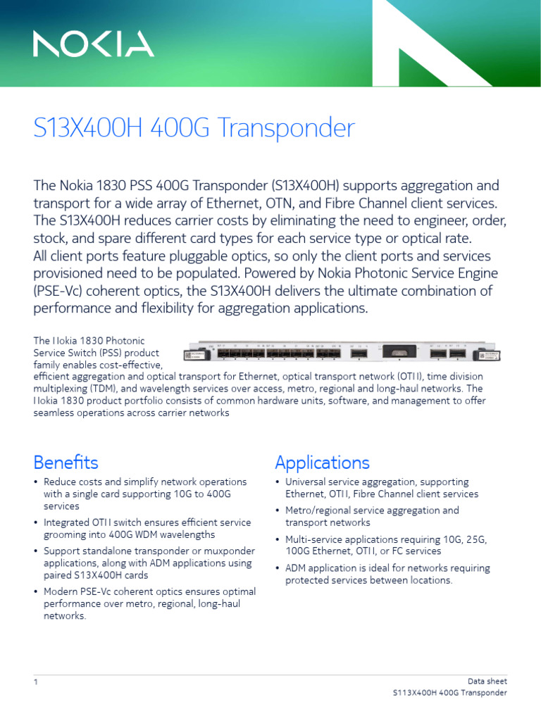 Nokia S13X400H Transponder Data Sheet EN 2024 | PDF | Wavelength Division Multiplexing | Fiber ...