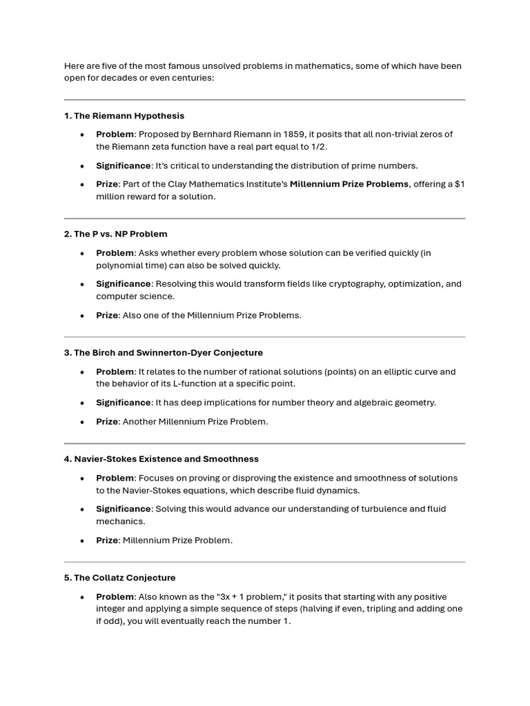 AI generated top 5 maths problems unsolved | PDF