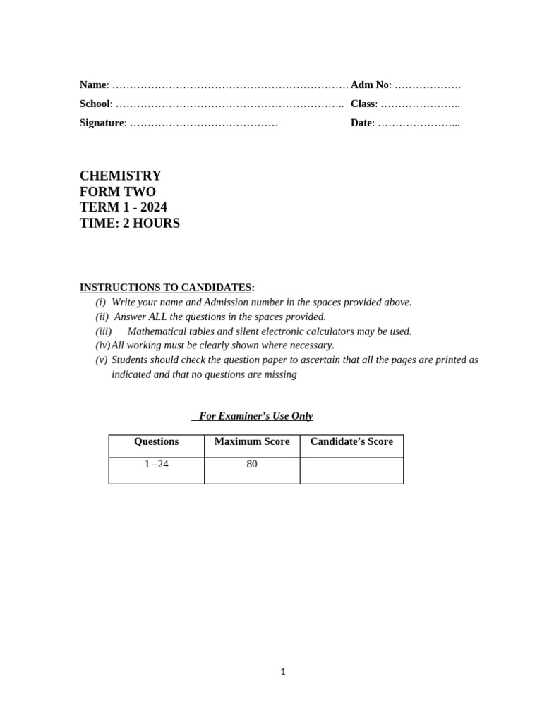 CHEMISTRY FORM 2 OPENER QS | PDF | Magnesium | Chemical Reactions