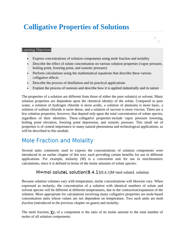 Colligative Properties of Solutions | PDF | Osmosis | Mole (Unit)