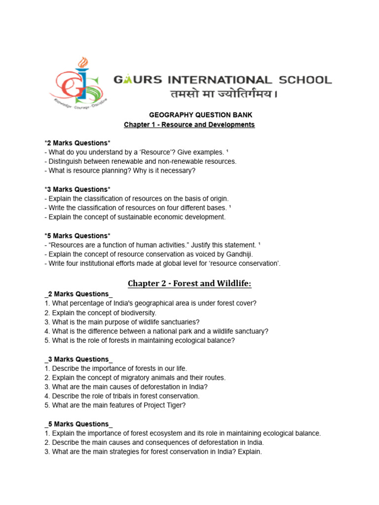 Geography Question Bank of Ch1 2 and 3 202425 | PDF | Conservation ...