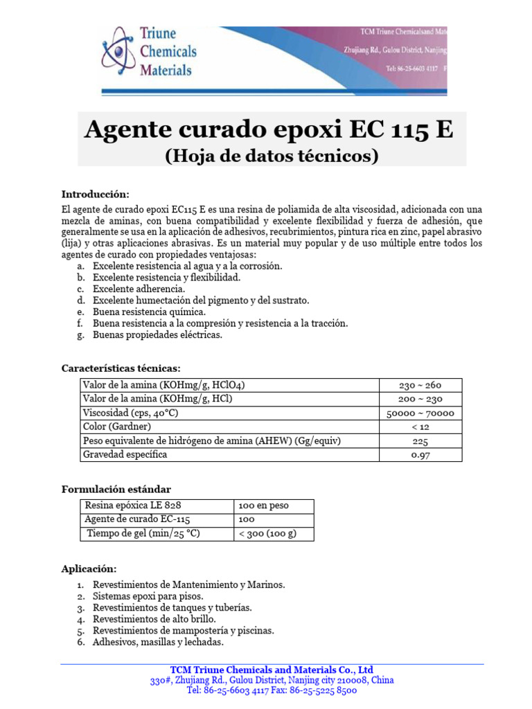 Agente de Curado Epoxi EC115 E | PDF | Epoxy | Materiales