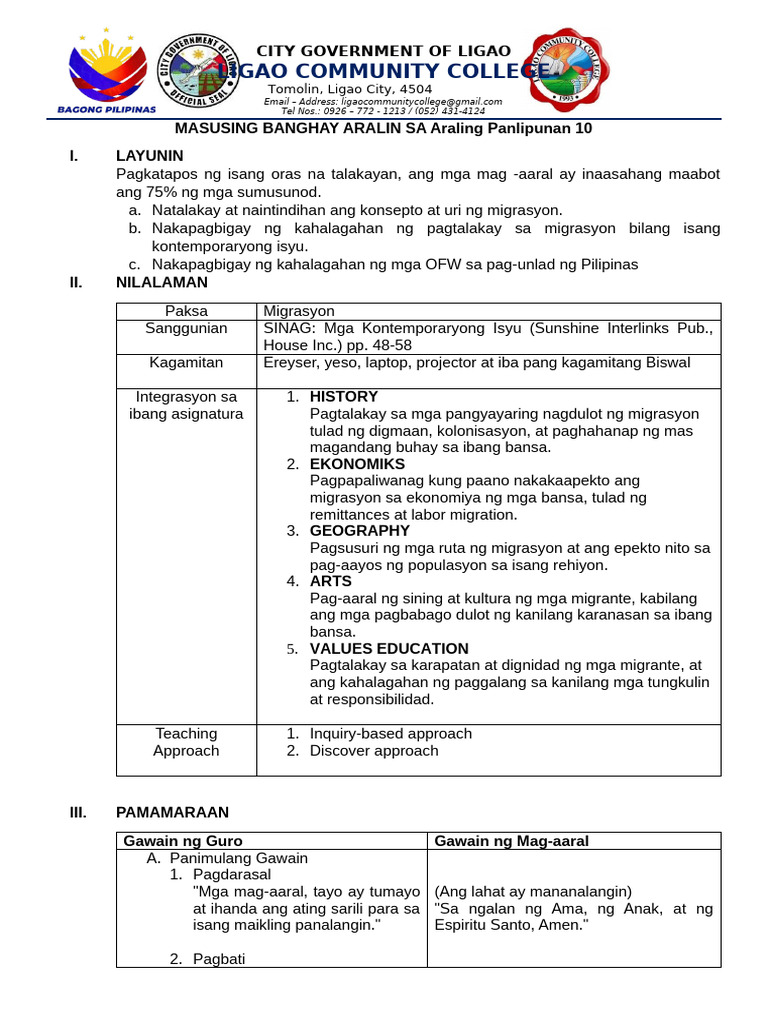Ligao Community College: MASUSING BANGHAY ARALIN SA Araling Panlipunan 10 I. Layunin | PDF